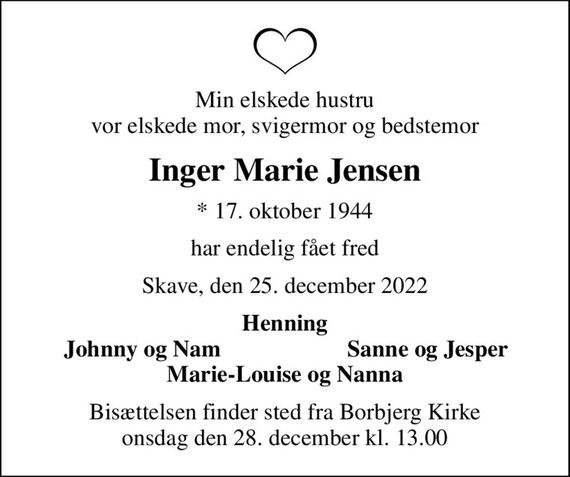 Inger Marie Jensen | Dødsannoncer i Danmark