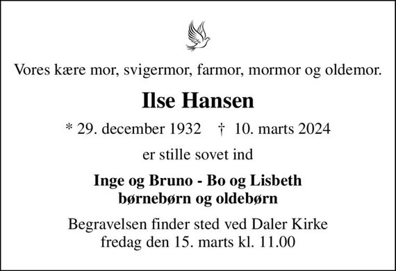 Ilse Hansen | Dødsannoncer i Danmark