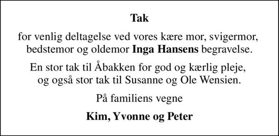 Inga Hansen | Dødsannoncer i Danmark