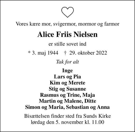 Alice Friis Nielsen | Dødsannoncer i Danmark