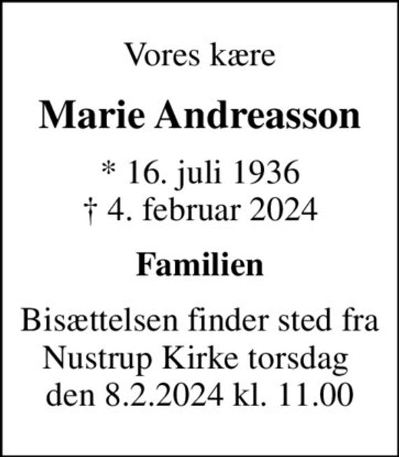 Marie Andreasson | Dødsannoncer i Danmark
