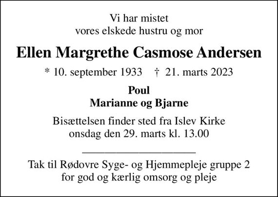 Ellen Margrethe Casmose Andersen | Dødsannoncer i Danmark