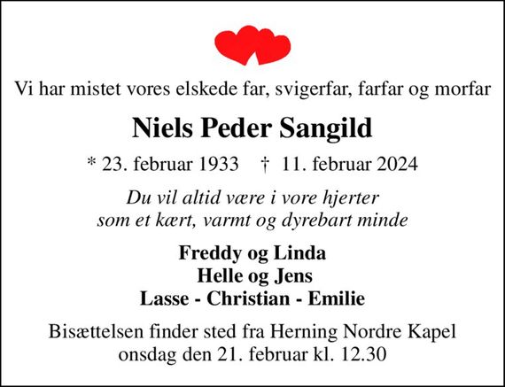 Niels Peder Sangild | Dødsannoncer i Danmark