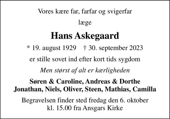 Hans Askegaard | Dødsannoncer i Danmark