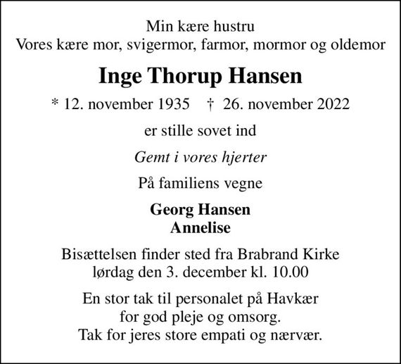 Inge Thorup Hansen | Dødsannoncer i Danmark