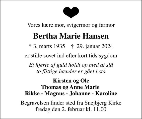 Bertha Marie Hansen | Dødsannoncer i Danmark