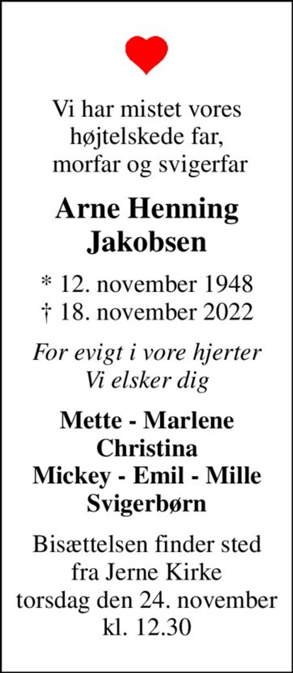 Arne Henning Jakobsen | Dødsannoncer i Danmark