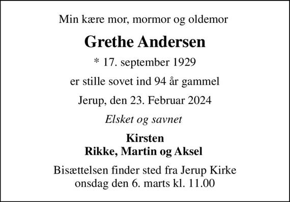 Grethe Andersen | Dødsannoncer i Danmark