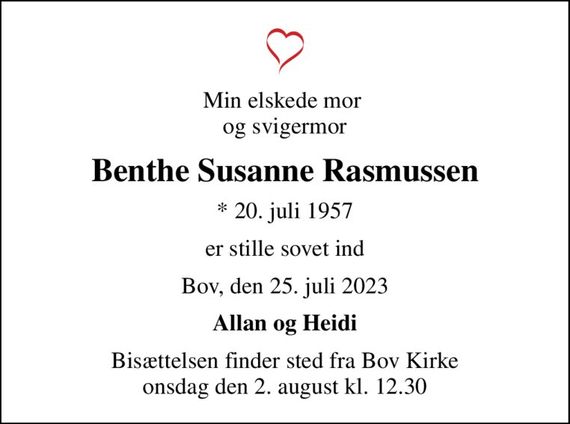Benthe Susanne Rasmussen | Dødsannoncer i Danmark