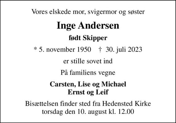 Inge Andersen | Dødsannoncer i Danmark