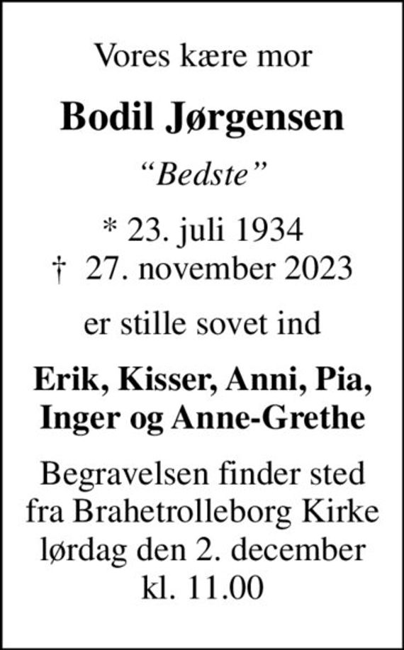 Bodil Jørgensen | Dødsannoncer i Danmark