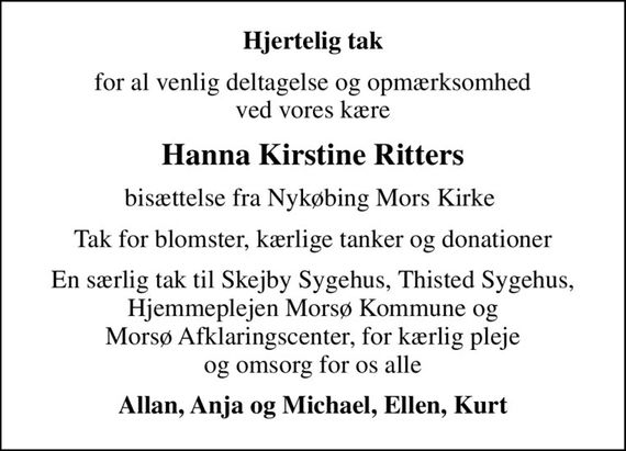 Hanna Kirstine Ritter | Dødsannoncer i Danmark
