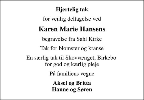 Karen Marie Hansen | Dødsannoncer i Danmark