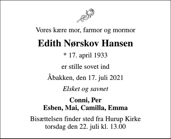 Edith Nørskov Hansen | Dødsannoncer i Danmark