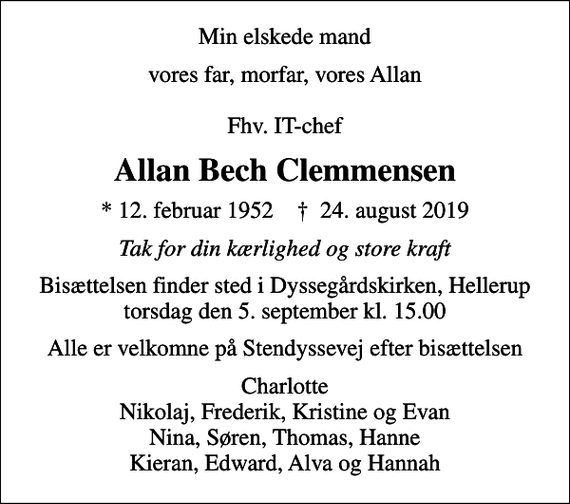 Allan Bech Clemmensen | Dødsannoncer i Danmark