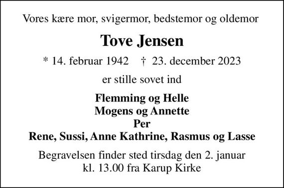 Tove Jensen Dødsannoncer I Danmark