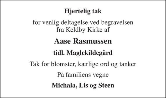 Aase Emma Kirstine Rasmussen | Dødsannoncer i Danmark