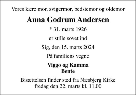Anna Godrum Andersen | Dødsannoncer i Danmark