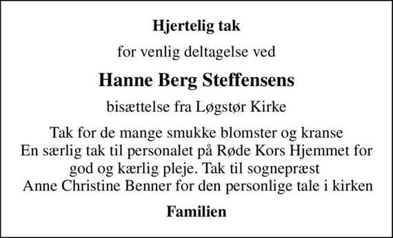 Hanne Berg Steffensen | Dødsannoncer i Danmark