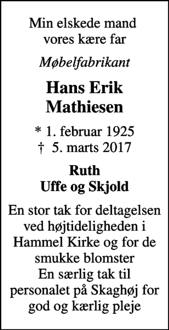 Hans Erik Mathiesen | Dødsannoncer i Danmark