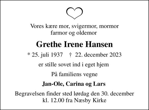 Grethe Irene Hansen | Dødsannoncer i Danmark