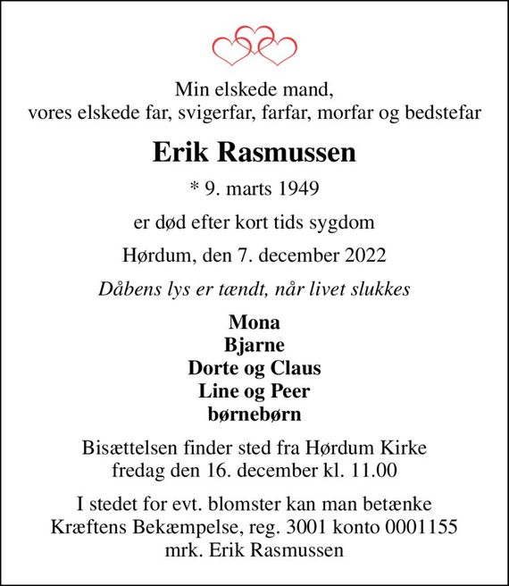 Erik Rasmussen | Dødsannoncer i Danmark