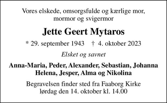 Jette Geert Mytarellis-Mytaros | Dødsannoncer i Danmark