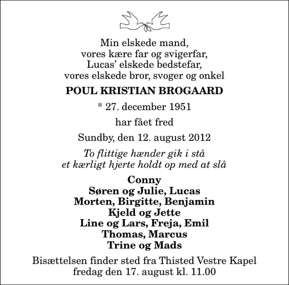 Poul Kristian Brogaard | Dødsannoncer i Danmark