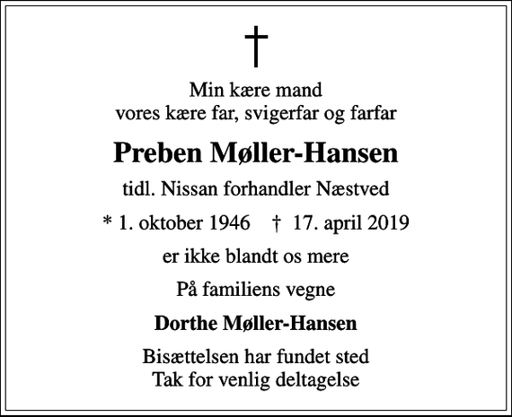 Preben Møller-Hansen | Dødsannoncer i Danmark