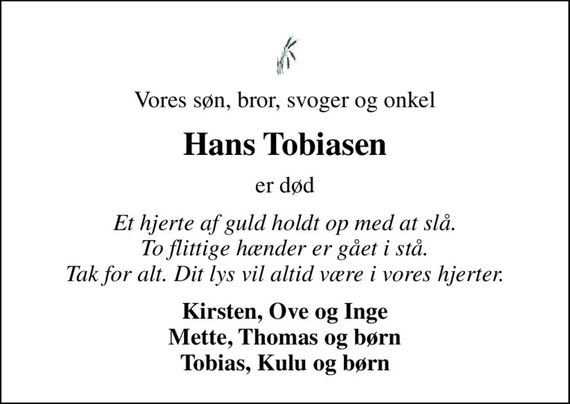 Hans Tobiasen | Dødsannoncer i Danmark