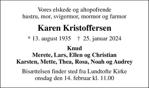 Karen Kristoffersen | Dødsannoncer i Danmark