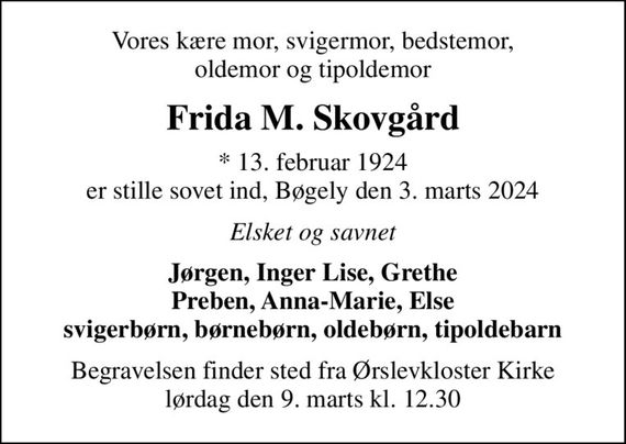 Frida Mathilde Skovgård | Dødsannoncer i Danmark