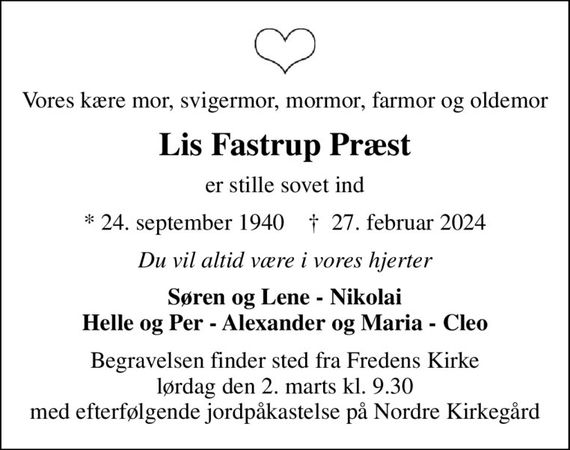 Lis Fastrup Præst | Dødsannoncer i Danmark