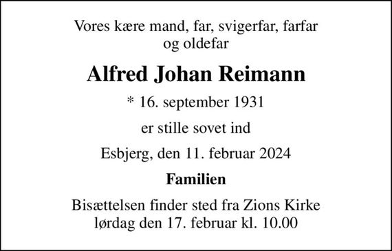 Alfred Johan Reimann | Dødsannoncer i Danmark