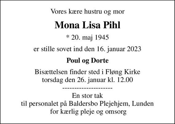 Mona Lisa Pihl | Dødsannoncer i Danmark