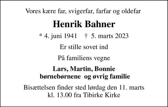 Henrik Bahner | Dødsannoncer i Danmark