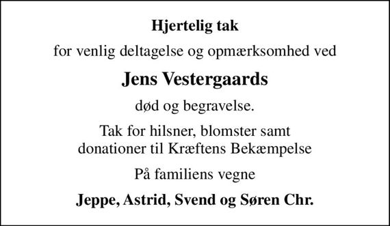 Jens Vestergaard | Dødsannoncer i Danmark
