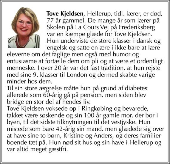 Tove Kjeldsen | Dødsannoncer i Danmark