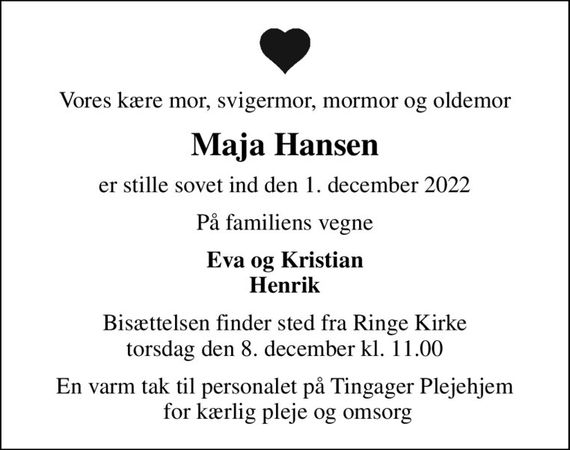 Maja Hansen | Dødsannoncer i Danmark