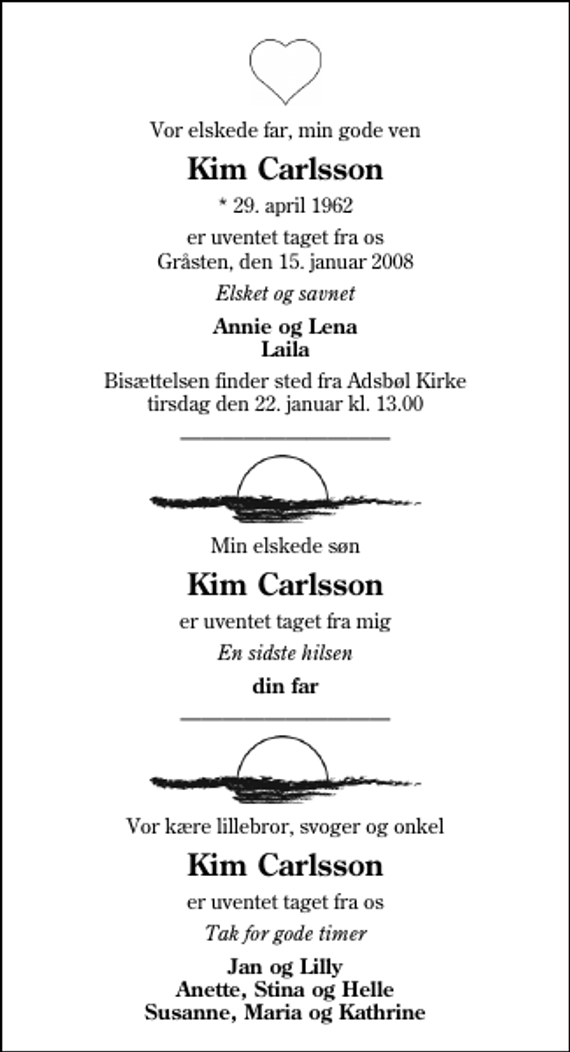 Kim Carlsson | Dødsannoncer i Danmark