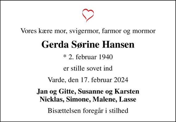 Gerda Sørine Hansen | Dødsannoncer i Danmark