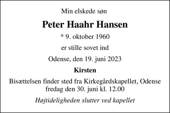 Peter Haahr Hansen | Dødsannoncer i Danmark