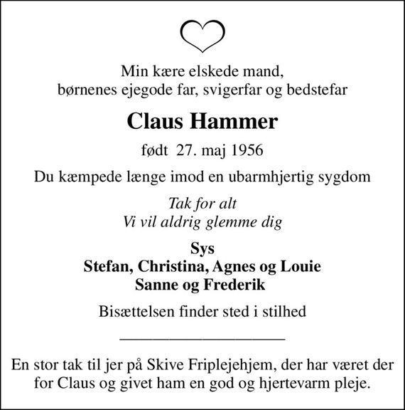 Claus Hammer | Dødsannoncer i Danmark