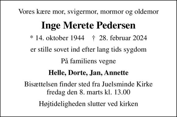Inge Merete Pedersen | Dødsannoncer i Danmark