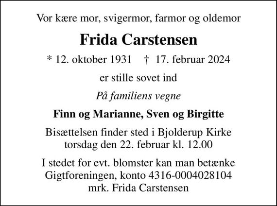 Frida Carstensen | Dødsannoncer i Danmark