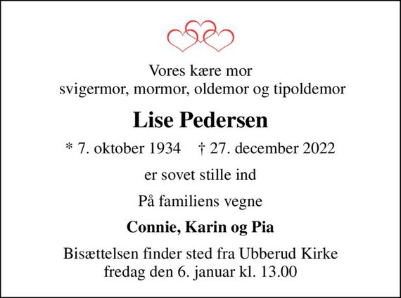 Lise Pedersen | Dødsannoncer i Danmark