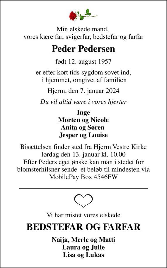 Peder Pedersen | Dødsannoncer i Danmark