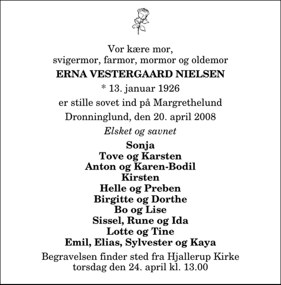 Erna Vestergaard Nielsen | Dødsannoncer i Danmark