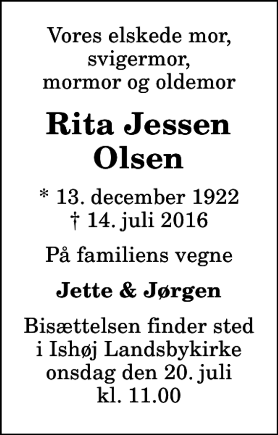 Rita Jessen Olsen | Dødsannoncer i Danmark