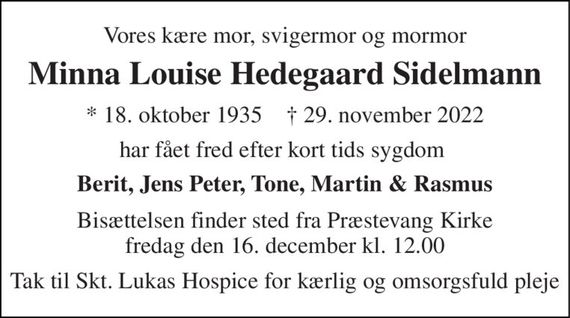 Minna Louise Hedegaard Sidelmann | Dødsannoncer i Danmark